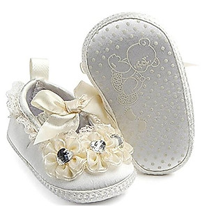 LFHT Baby Girl Infant Satin Mary Jane Baptism Shoes Dance Ballerina Slippers (6-9 Months, Beige)