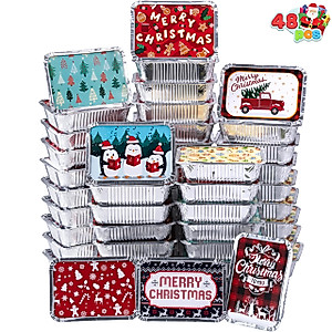 JOYIN 48 Pieces Christmas Foil Containers with Lids, 8 Holiday Designs, 7"x5"x2" Rectangular Treat Foil Containers, Disposable Food Storage Pan for Holiday Leftovers Goodie Container