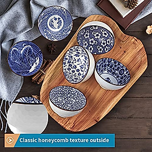 Sanbege Ceramic Rice Bowls 10 oz, Japanese Style Bowl Gift Set, Assorted Dinnerware Serving Bowls for Cereal, Soup, Dessert, Snack, Fruit, Salsa, Pack of 6 (Blue and White)