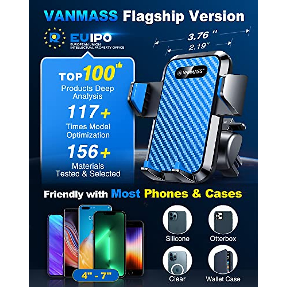 VANMASS Universal Car Phone Mount,【Patent & Safety Certs】 Upgraded Handsfree Dashboard Stand, Phone Holder for Car Windshield Vent, Compatible iPhone 14 13 12 11 Pro Max Xs XR X, Galaxy (Blue)