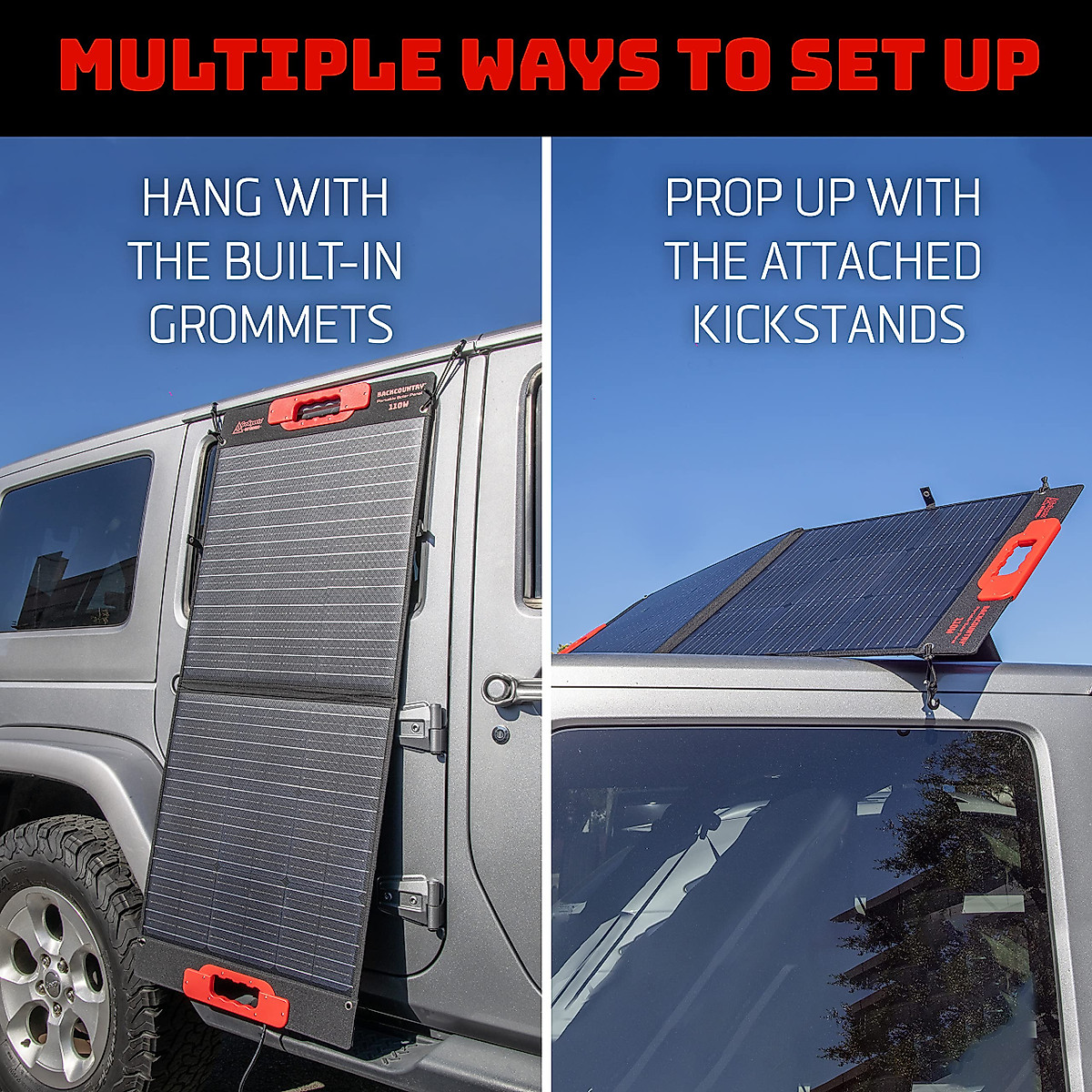 Backcountry Portable Solar Panels, 110W or 60W - IP65 Water Resistant Solar Charger with 3 USB Ports for Phones and DC Out for Power Stations