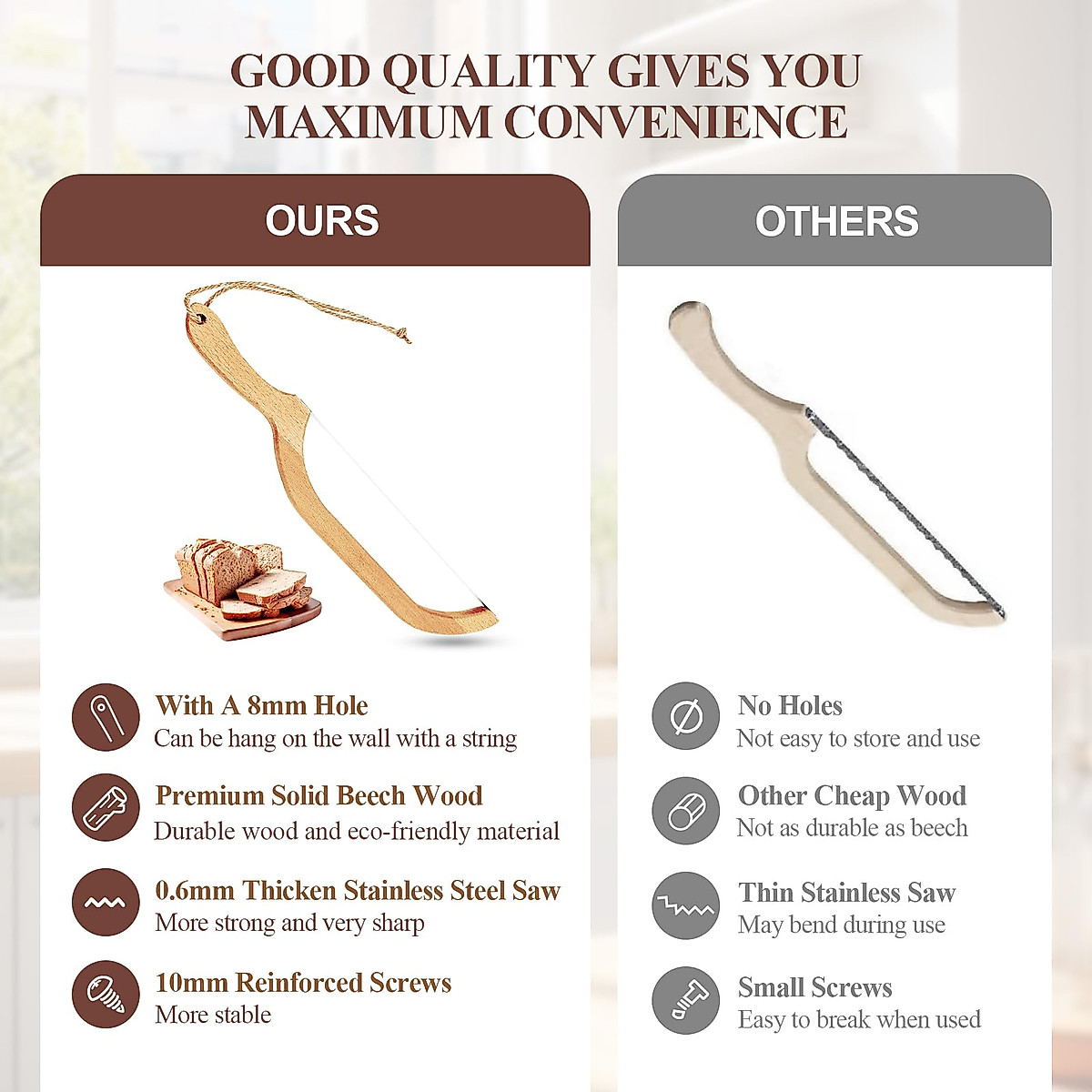 Urnseh Bread Knife, Wooden Bread Bow Knife for Homemade Bread,16" Serrated Sourdough Cutter Fiddle Bow Bread Slicer Knife for Bagels,Baguettes and More,Right Handed