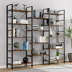 oneinmil Bookcases and Bookshelves - Triple Wide 5 Tiers Corner Bookshelf, Large Etagere Industrial Bookshelf Open Display Shelves with Metal Frame for Living Room Bedroom Home Office