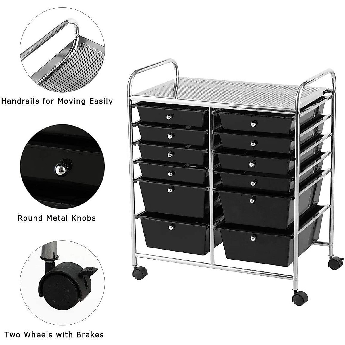 ReunionG 12-Drawer Storage Cart, Rolling Organizer with 4 Large & 8 Small Drawers, Steel Frame, Black