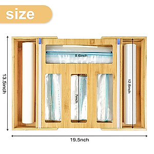 shuang qing Expandable Ziplock Bag Organizer, 6-in-1 Bamboo Food Storage Bag Organizer, for Kitchen Drawer 19.5" X 13.1" X 2.9"