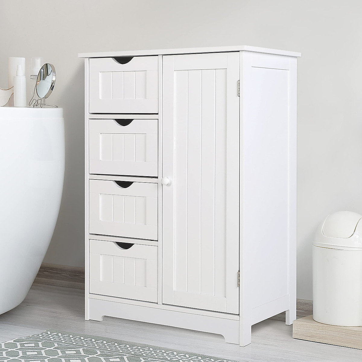 MUPATER Small Storage Cabinet Organizer with 4 Drawers and 1 Cupboard, Freestanding Compact Floor Towel Cabinet for Bathroom and Entryway, White