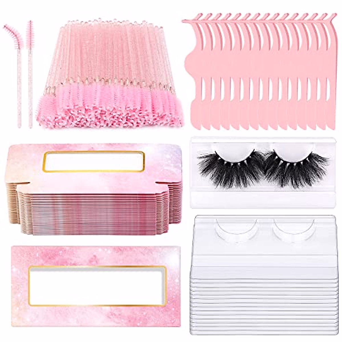 175 Pieces Lash Packaging Wholesale, Include 30 Empty Eyelashes Packaging Box, 30 False Lash Trays, 15 Eyelash Tweezers and 100 Eyelash Brush Mascara Wands Disposable (Pink)