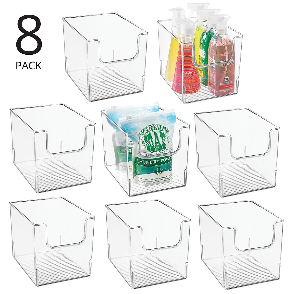 mDesign Plastic Household Storage Organizer Bins with Open Dip Front for Kitchen, Bedroom, Bathroom, Office, Craft or Playroom Organization - Hold Toys, Books - Ligne Collection, 8 Pack - Clear