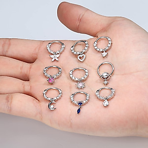 CASSIECA 16G Septum Rings Stainless Steel Dangle Septum Jewelry with Blue Plant Teardrop Clear CZ Butterfly Heart Moon Sun Daith Cartilage Helix Tragus Earrings Nose Rings Piercing Jewelry for Women