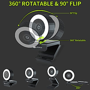 LPDISPLAY 1080P Webcam with Microphone,60 FPS USB Webcam 2 Mics Streaming with Privacy Cover,90°View,3 Color Adjustable Ring HD Webcam for Mac Laptop Desktop Gaming Conferencing