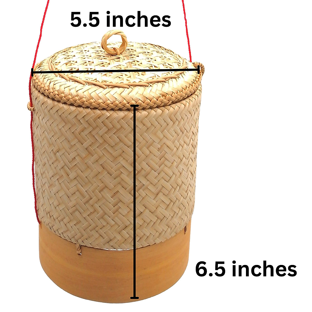 Bamboo Sticky Rice Serving Basket 6.5 x 5.5 Inch, Kratip, Intricately Woven Container, Cylinder-Shaped with a Lid, Thailand Handmade, Original Natural Bamboo Color (Original Natural Bamboo Color)