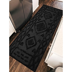 Boho Runner Rug 2'x5' Tufted Cotton Area Rug Accent Beside Rugs Washable Cream Bohemian Long Throw Carpet for Hallway Bedroom Kitchen Laundry Living Room Bathroom Black