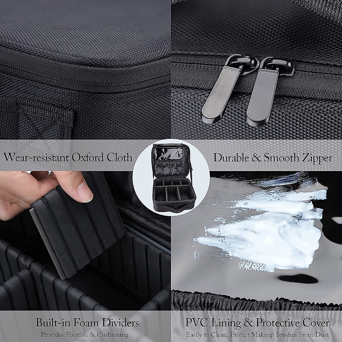 gzcz Travel Makeup Bag,10.4 Inches Portable Makeup Case Cosmetic Train Case Organizer Artist Storage Bag With Adjustable Dividers For Cosmetics Brushes Toiletry Jewelry Digital Accessories (Black)