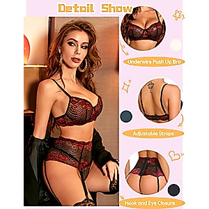Avidlove Sexy Lingerie Set for Women with Garter Belts Lace Boudoir Lingerie set Sexy Outfits Wine Red,X-Large