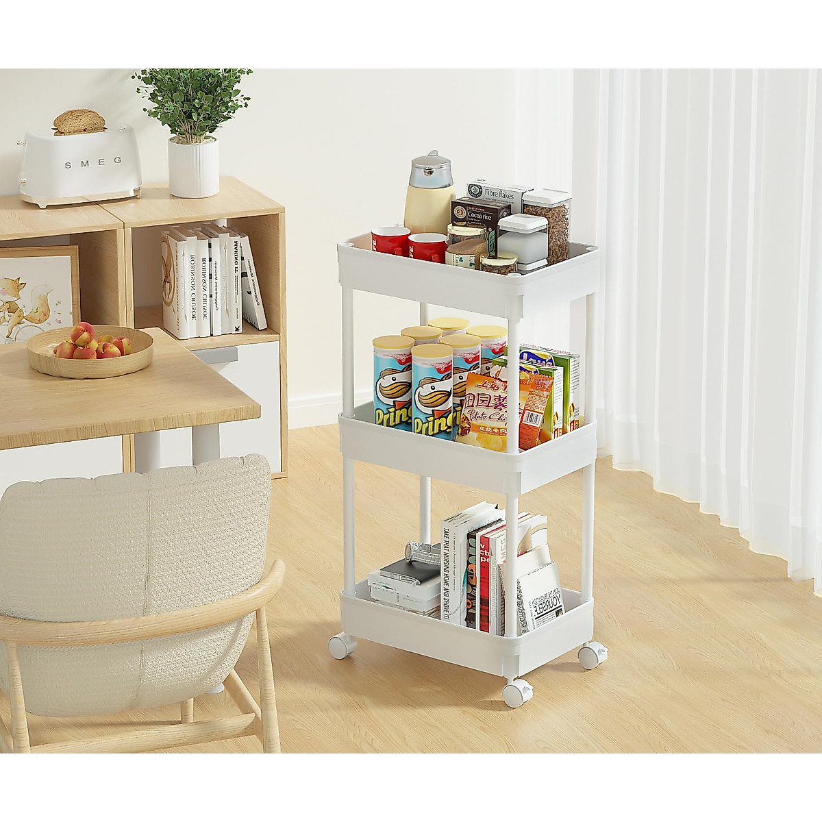 Sooyee 3-Tier Plastic Rolling Utility Cart with Wheels, Multi-Functional Storage Trolley for Office, Living Room, Kitchen, Movable Storage Organizer with Wheels, White