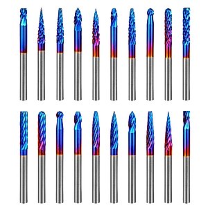 Hakkin 20 Pcs Carbide Rotary Burrs Set, End Mill CNC Router Bit, 1/8" Shank Nano Blue Coating Ball Nose End Mill, Double Cut Coat Rotary Drill for Die Grinder Woodworking, Engraving, Drilling, Carving