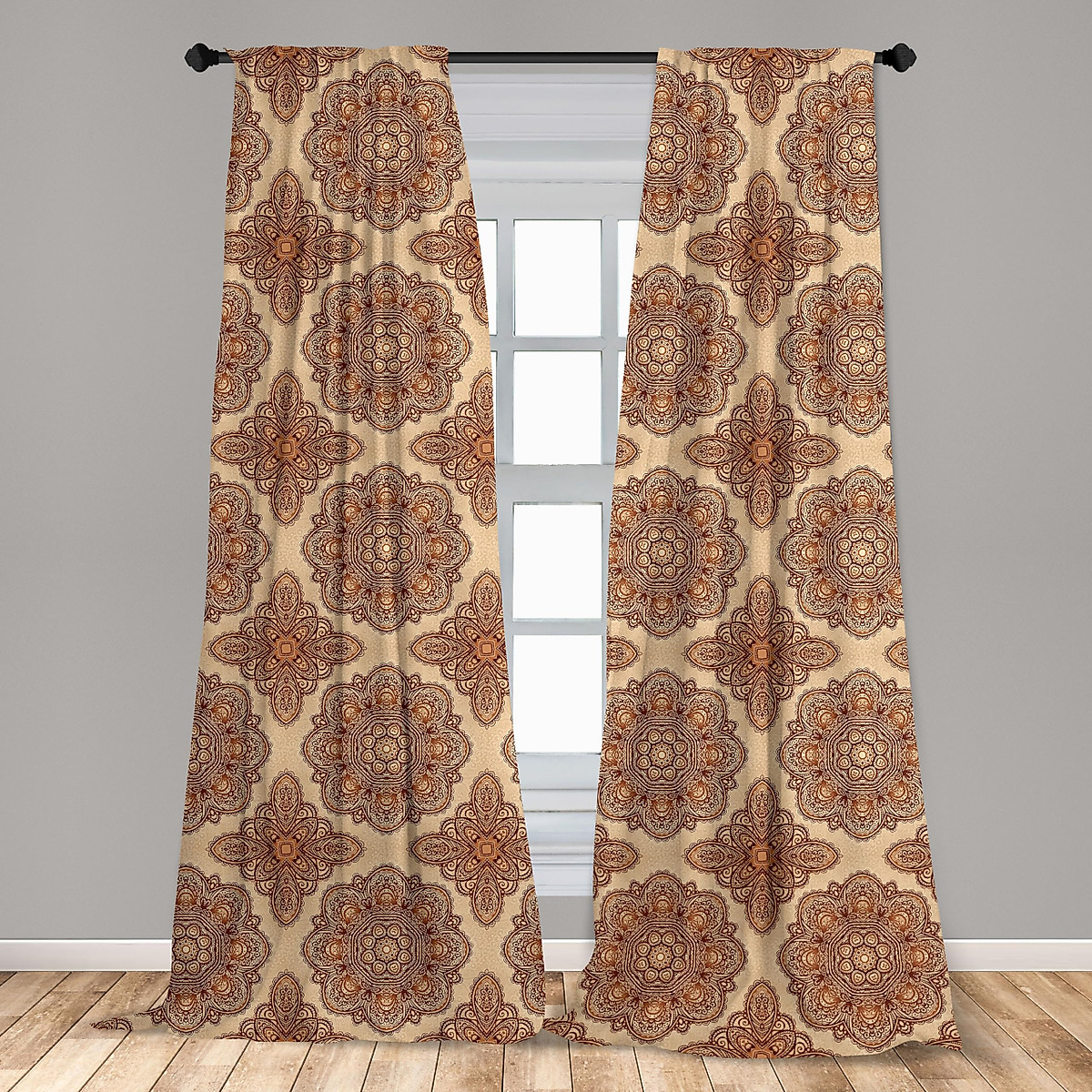 Ambesonne Ethnic Window Curtains, Mandala Style Floral Flower with Abstract Paisley Backdrop Art Print, Lightweight Decor 2-Panel Set with Rod Pocket, Pair of - 28" x 63", Dark Brown