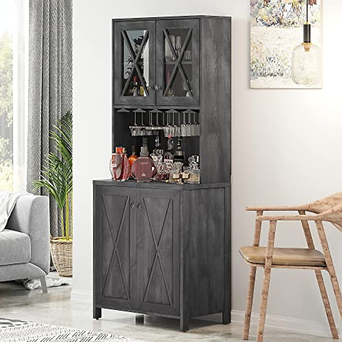 YITAHOME Farmhouse Bar Cabinet for Liquor and Glasses, Dining Room Kitchen Cabinet with Wine Rack, Upper Glass Cabinet, Open Storage Shelves for Living Room, Hallway, Charcoal Grey