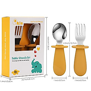 Qkie 4 Pack Toddler Utensils, Toddler Forks and Spoons, Baby Fork Self Feeding, Stainless Steel Baby Silverware with BPA Free Silicone Grip, 8 Months+(Sand & Grey)