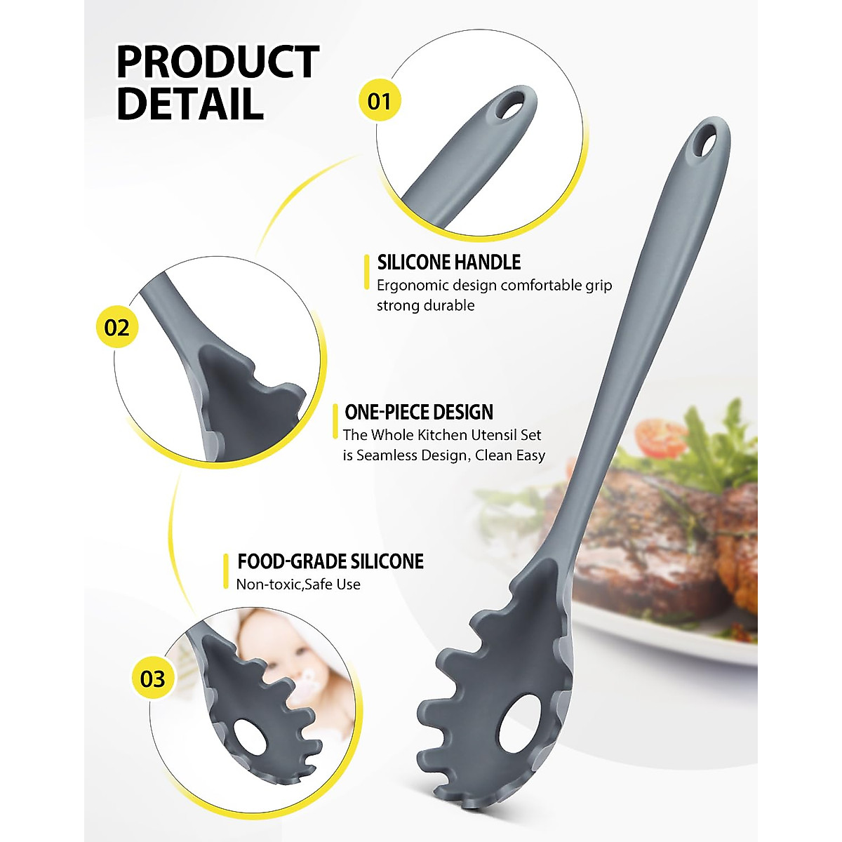 3 Pcs Silicone Kitchen Utensils Set, Soup Ladle-Pasta Fork-Slottede Spoon, Nonstick BPA Free High Heat Resistant Cooking Utensils for Mixing, Serving, Draining, Turning, Stirring