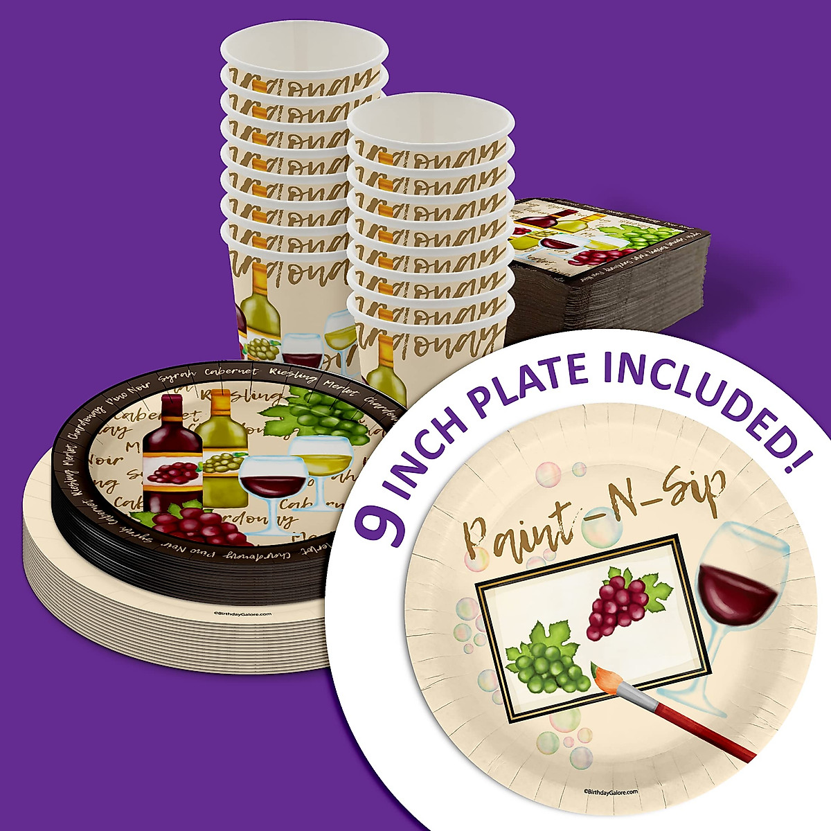 Birthday Galore Paint and Sip Party Supplies - 64 Piece Disposable Tableware Set For Bridal Shower - Wine Paper Plates Napkins Cups - Kit for 16
