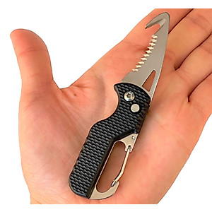 Package opener, Portable Utility Cutter, Small Pocket Box, Seatbelt, Strap Cutter Knife, Razor Sharp Serrated Blade and Paratrooper Hook, Carabiner Keychain, Safe, Survival EDC Folding Tool