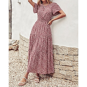 PRETTYGARDEN Women's Summer Casual Short Flutter Sleeve Round Neck Smocked Waist Tiered Boho Floral Flowy Maxi Dress(Floral Red Brown,X-Large)