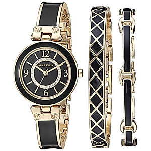 Anne Klein Women's AK/3296BKST Premium Crystal Accented Gold-Tone and Black Bangle Watch and Bracelet Set