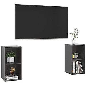Queen.Y TV Cabinet Set of 2, Wooden Floor Storage Unit, Display Table with 4 Compartments, for Books, Magazines, DVDs, Media Box, High Gloss Grey