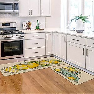 Artoid Mode Eucalyptus Lemon Truck Summer Kitchen Mats Set of 2, Spring Home Decor Low-Profile Kitchen Rugs for Floor - 17x29 and 17x47 Inch