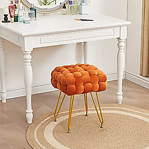 Square Velvet Vanity Stool, Upholstered Ottoman Foot Rest with Adjustable Metal Legs, Makeup Ottoman for Bedroom, Dressing Room, Living Room, Orange