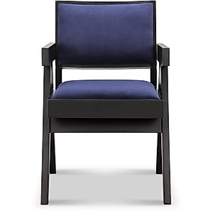 Design Guild Accent or Kitchen Modern Table-Height Dining Chair w/Natural Wooden Frame (Fully Assembled), Navy Blue Velvet/Black Armchair