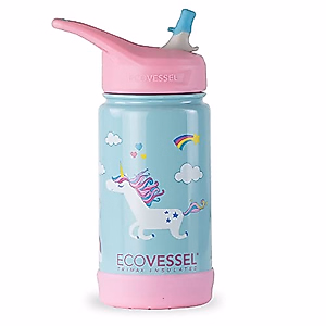 EcoVessel FROST Stainless Steel Kids Water Bottle with Straw Lid, Leak Proof Bottle with Carry Handle & Bottle Bumper, Kids Water Bottle For School - 12oz (Unicorn)