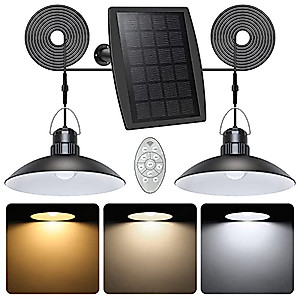 AGPTEK Solar Pendant Lights Outdoor Indoor, Dual Head Solar Shed Lights IP65 Waterproof Solar Lamp Indoor Solar Lights with Remote for Shed, Gazebo, Home, Patio, Barn, Chicken Coop, Porch, Garage