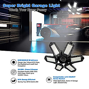 POLARPRA 2 Pack LED Garage Lights 80W Garage Lighting - 16000LM 6500K Garage Light Ceiling LED with 6 Multi-Position Panels Screw in E26/E27 Garage LED Light for Basement Workshop Warehouse Attic