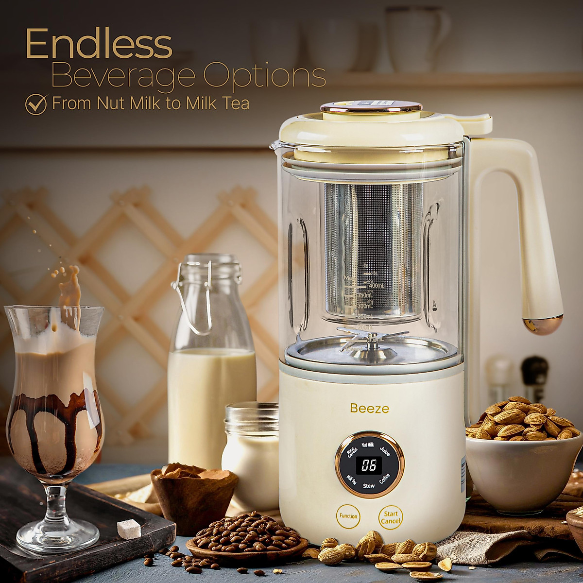 BEEZE Automatic Nut Milk Maker Machine - Make Almond, Soy, Oat, Cashew, Coconut Milk - Glass Blender, Built In Strainer, Smart Touch, 12-Hour Delay Timer