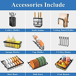 Over The Sink Dish Drying Rack, Adjustable (33.8" to 41.5") Large Dish Drainer Drying Rack for Kitchen Counter with Multiple Baskets Utensil Sponge Holder Sink Caddy, 2 Tier Black