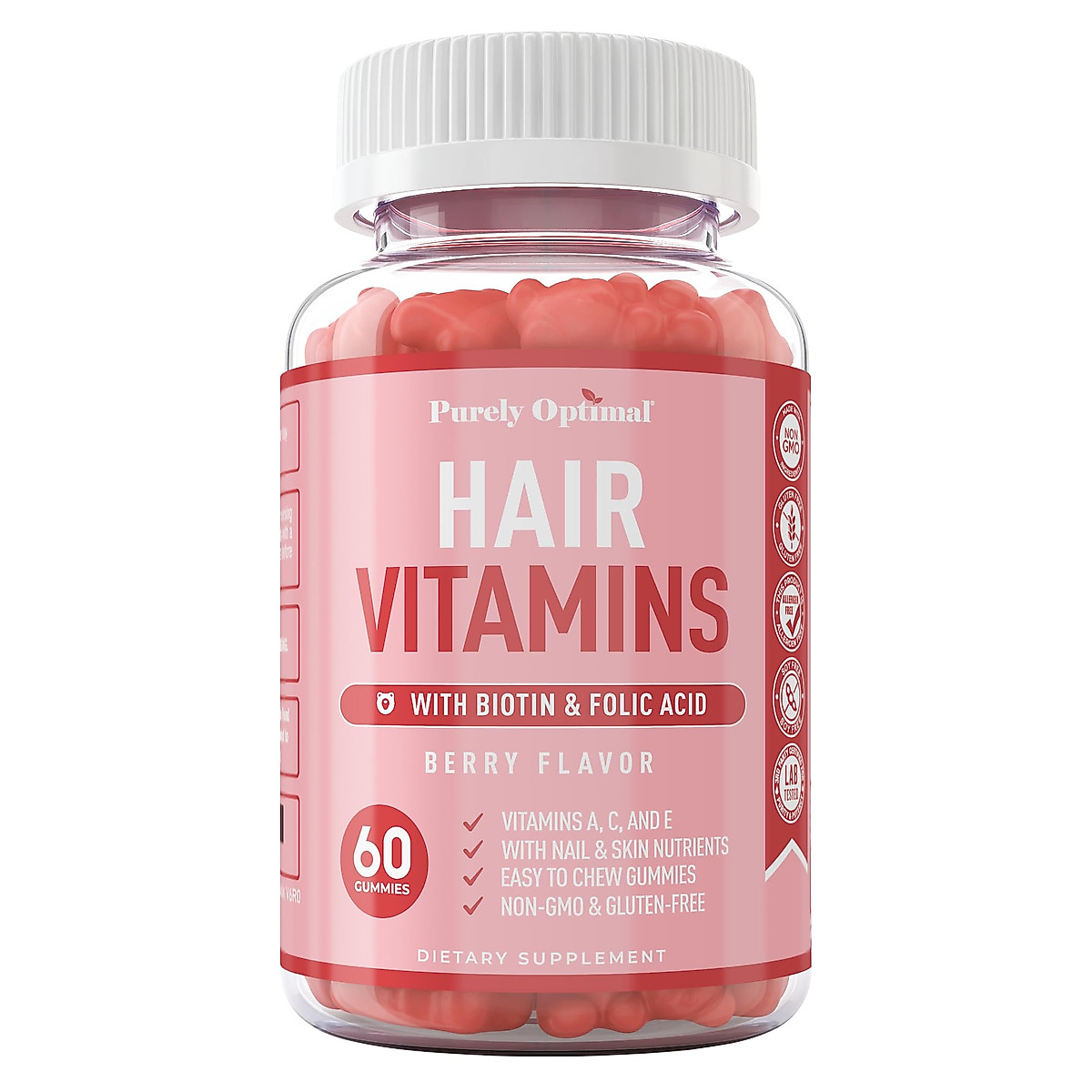 Premium Hair Vitamins Supplement-Gummy Vitamins w/Biotin, Folic Acid, Vitamins A&D-Supports Faster Hair Growth & Promotes Healthy Hair, Skin, & Nails-60 Non-GMO Berry Flavored Gummies