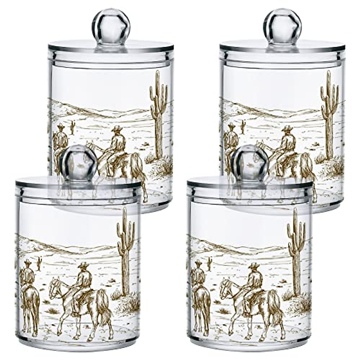 xigua Desert Cowboy Riding 2 Pack Qtip Holder Dispenser with Lid,Apothecary Jars Plastic Cotton Swabs Cans Clear Bathroom Storage Canister for Cotton Ball, Cotton Swab, Cotton Round Pads, Floss