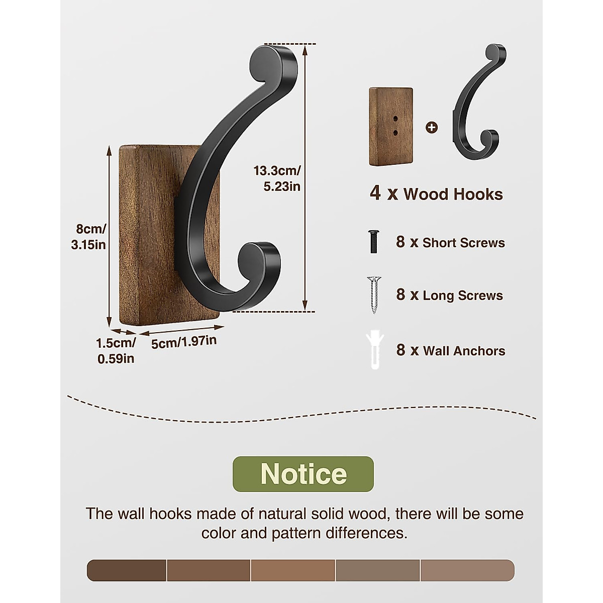 Josmimic Wall Hooks for Hanging Towel - Black Rustic Wood Coat Hook,4 Pack Hooks Wall Mounted for Towel, Coat, Cloth, Purse, Hat, Key, Decorative Bathroom Shower Kitchen