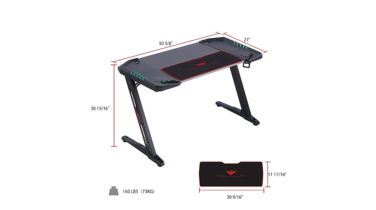 EUREKA Gaming Desk with LED Lights & Ergonomic Design