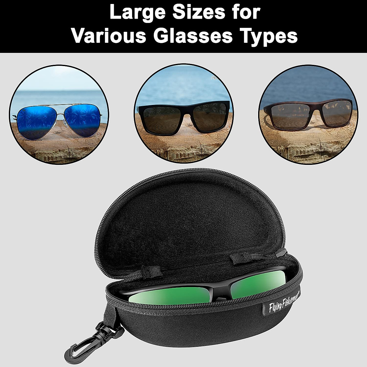 Flying Fisherman Shell Zipper Protective Fabric Sunglass Case with Clip for Men and Women Sunglasses Eyewear Black, (PN: 7607)