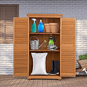 Goplus Outdoor Storage Cabinet, 63” Wood Garden Tool Shed with Double Lockable Doors 3 Shelves and Asphalt Roof, Multipurpose for Patio Lawn Garden Yard, Natural