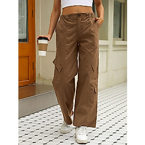 AUTOMET Women Casual Pants Baggy Cargo Pants Low Waist Jeans y2k Parachute Pants 90s Aesthetic Clothes Wide Leg Trousers Gothic Utility Track Pants Brown