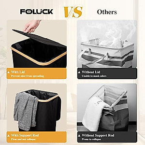 Foluck Large Laundry Hamper, 100L Waterproof Laundry Basket with Lid and Removable Bag, Collapsible Tall Clothes Hamper with Bamboo Handles for Clothes Toys in Dorm Bedroom Bathroom, Black