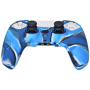 Pandaren Grip Texture Silicone Skin for PS5 Dualsense Controller x 1 Camouflage blue with Pro Thumb Grips x 8