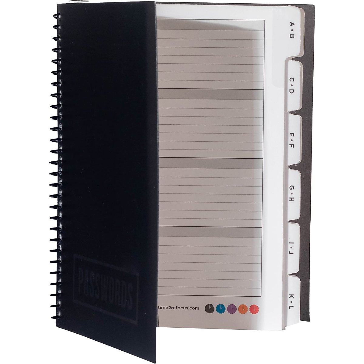 RE-FOCUS THE CREATIVE OFFICE, Password Book Keeper, Black, Small, Mini, Alphabetical Tabs, Spiral Bound, Removable Sheets, Journal Organizer, Includes, Website, Address, Username, Password