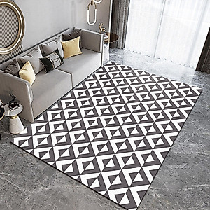 Abstract Black and White Geometric Irregular Print Area Rugs, Retro Irregular Gray Diamond Stripe Art Bedroom Rug, with Anti-Slip Backing Washable Carpet for Living Room Study Dining Room -5' x 7'