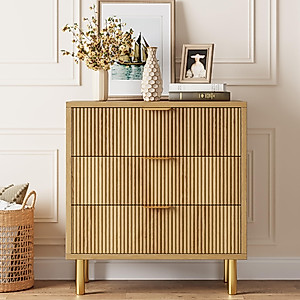 GarveeHome Natural Dresser, Modern 3 Drawer Dresser for Bedroom with Gold Handle and Large Drawer, Wood Double Chest of Drawers and Storage Organizer for Living Room, Hallway, Entryway