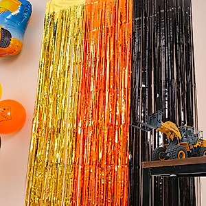 LOLStar 2 Pack Construction Foil Fringe Curtains, Construction Birthday Party Supplies, 3.3x6.6 ft Yellow Orange and Black Tinsel Photo Booth Prop, Streamer Backdrop for Construction Party Decoration
